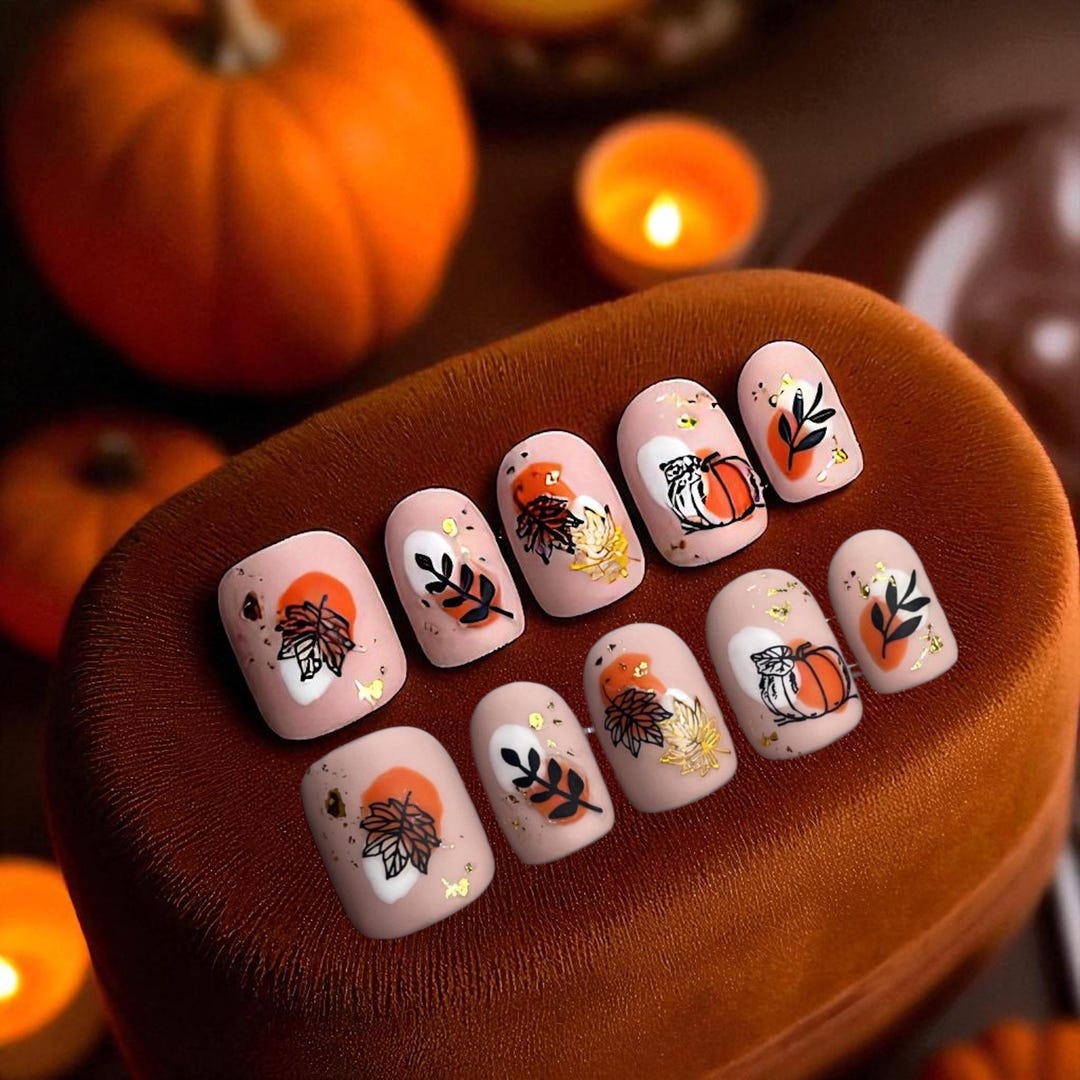 Autumn Pumpkin Nails – Fall Press on Nails With Gold Foil, Thanksgiving ...