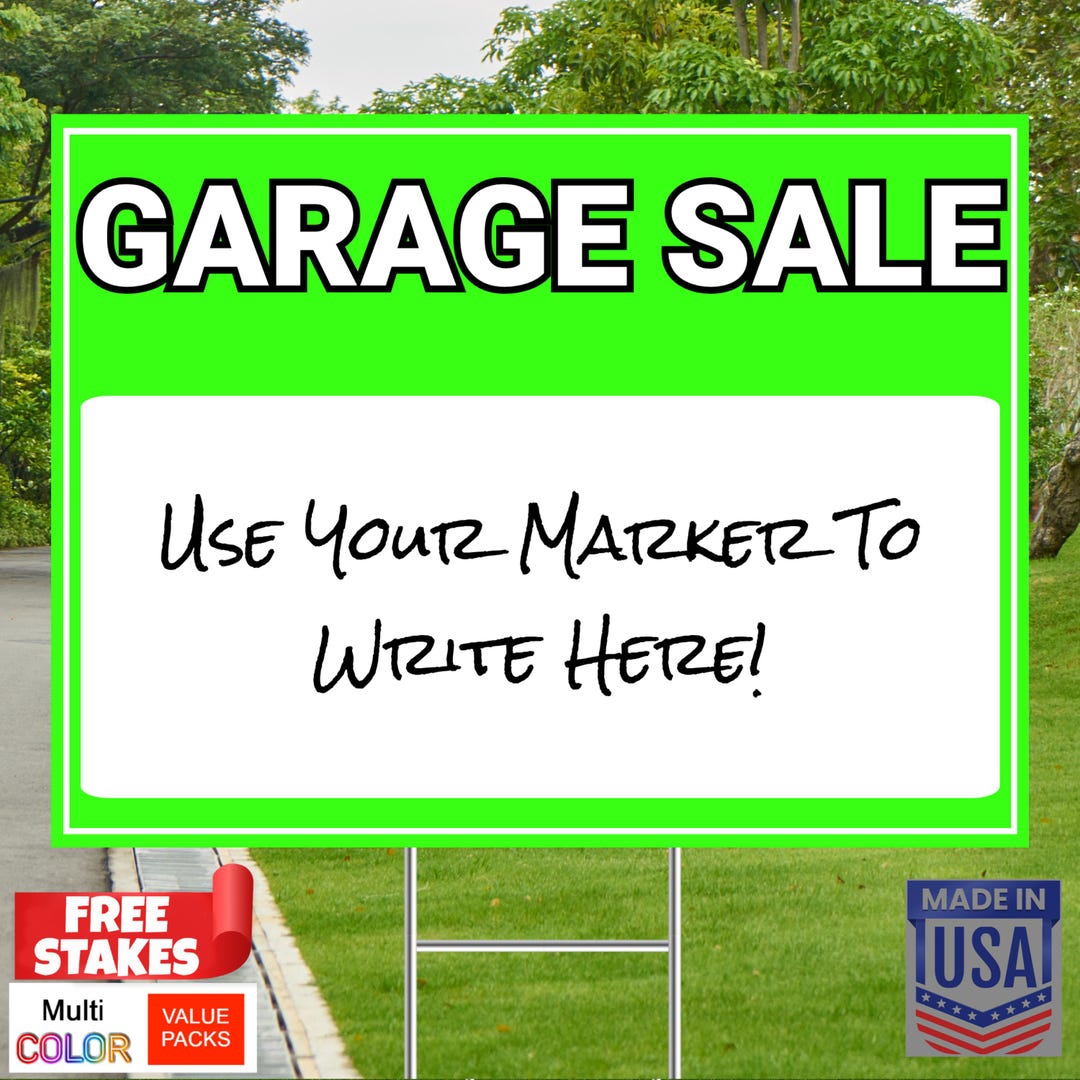 GARAGE SALE - Neon Green - 2 Pack 16x12" Yard Sign Set - Free Stakes ...