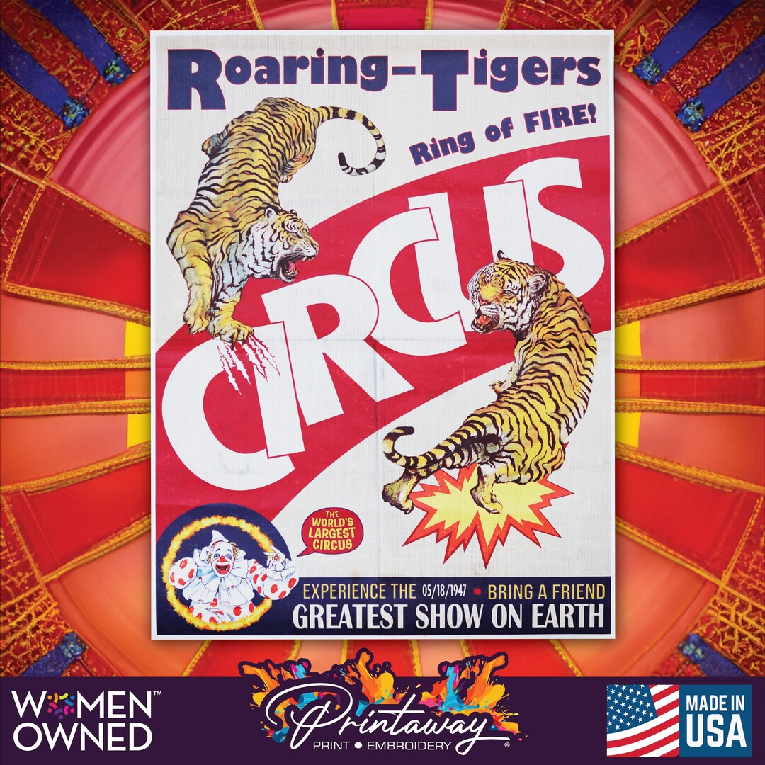 Vintage CIRCUS COLLECTIBLE Themed Banner – Roaring Tigers – 37"x27 ...