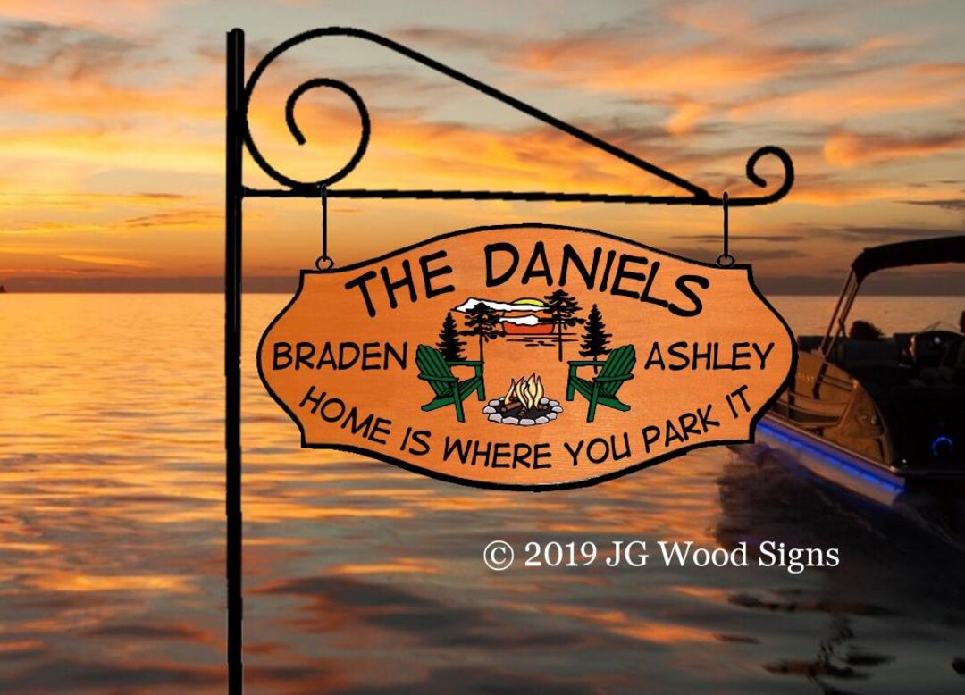 Personalized Wood Camping Sign With Campfire Pine Sunset Chair Graphic ...