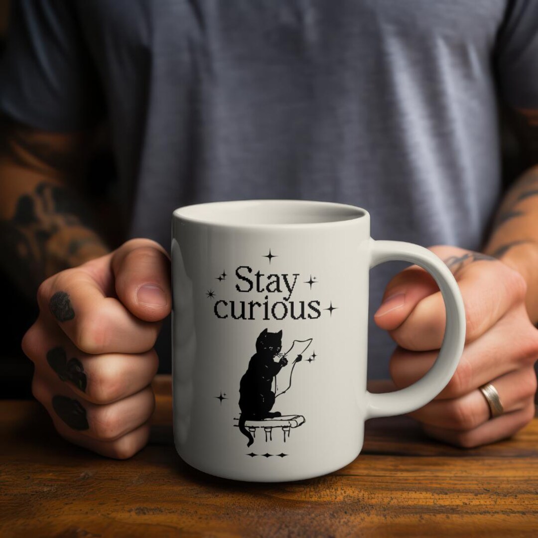 Black Cat Coffee Mug: Stay Curious Whimsical Ceramic Mug (11oz & 15oz ...