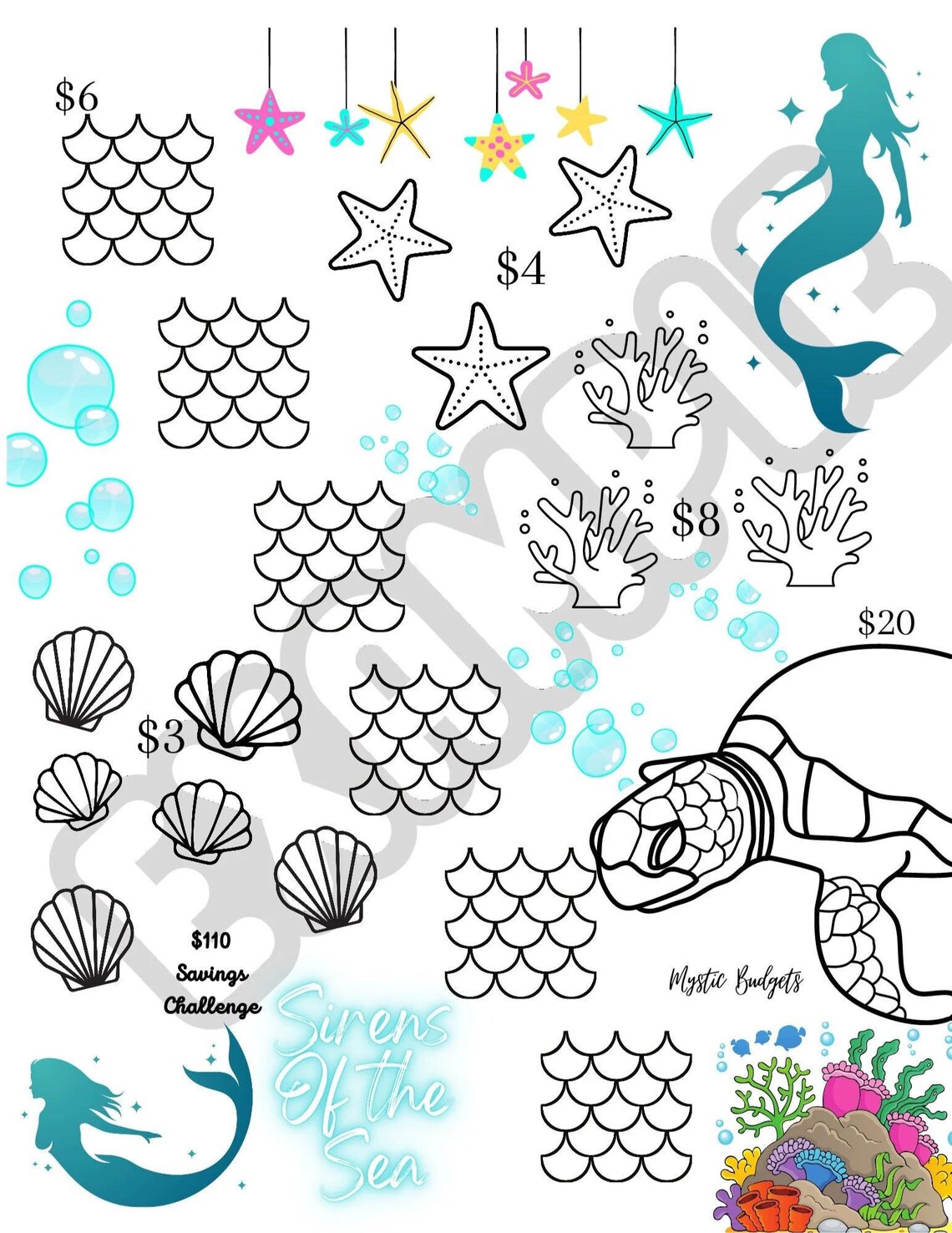 Sirens of the Sea, Color and Save Printable Savings Challenge - Etsy
