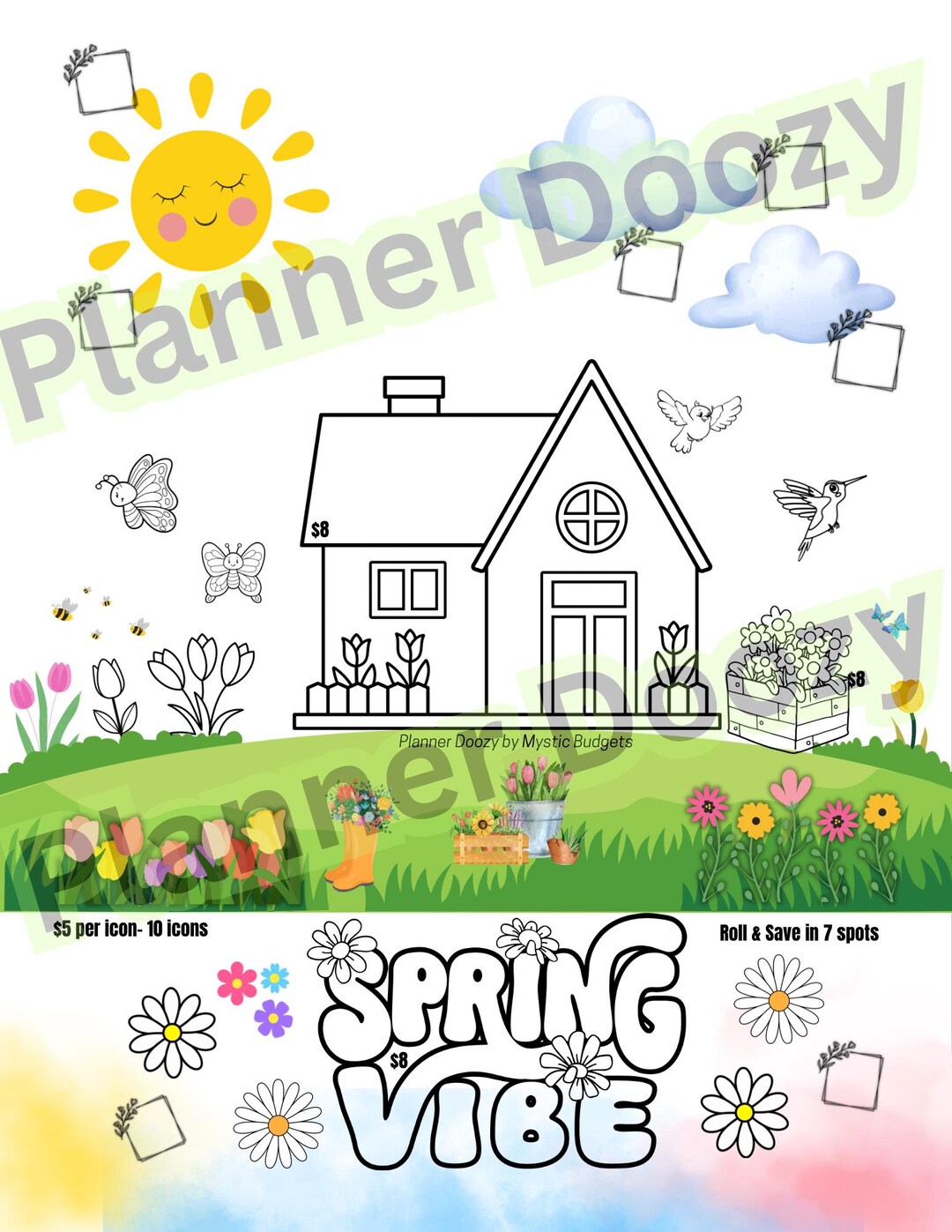 Spring Vibe Coloring Page, Savings Challenge, Printable, Roll & Save - Etsy