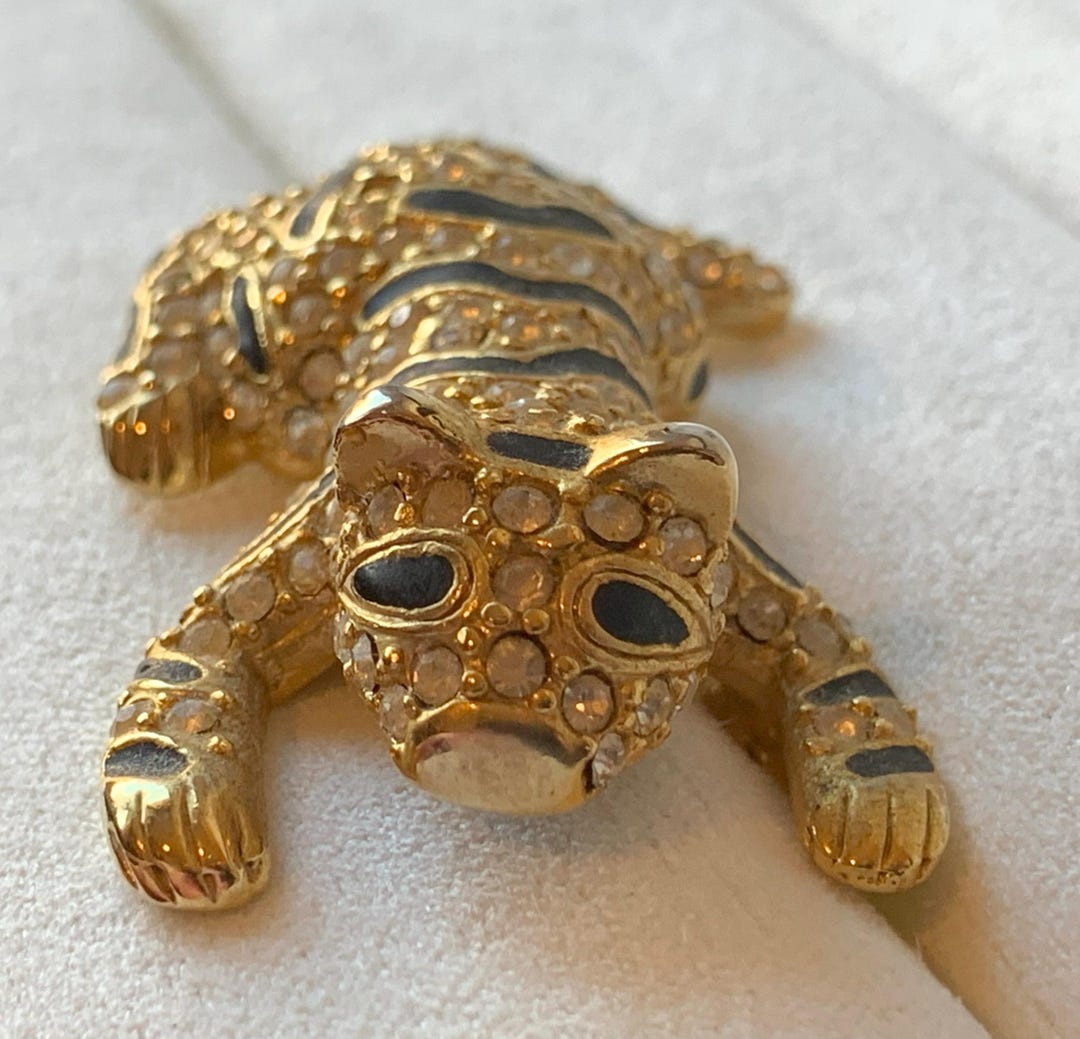 Vintage, Glamour, Brooch, Crouching Tiger, Gold Tone, Enamel ...