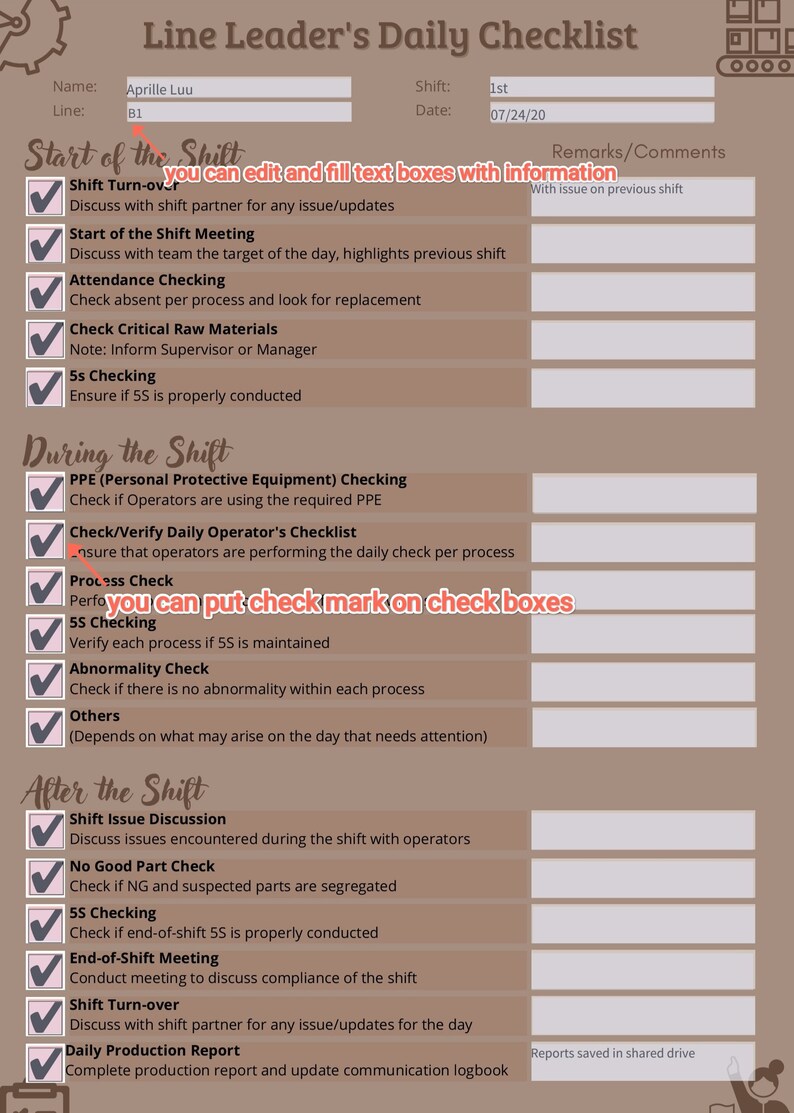 Fillable Line Leader Daily Checklist Manufacturing Production ISO ...