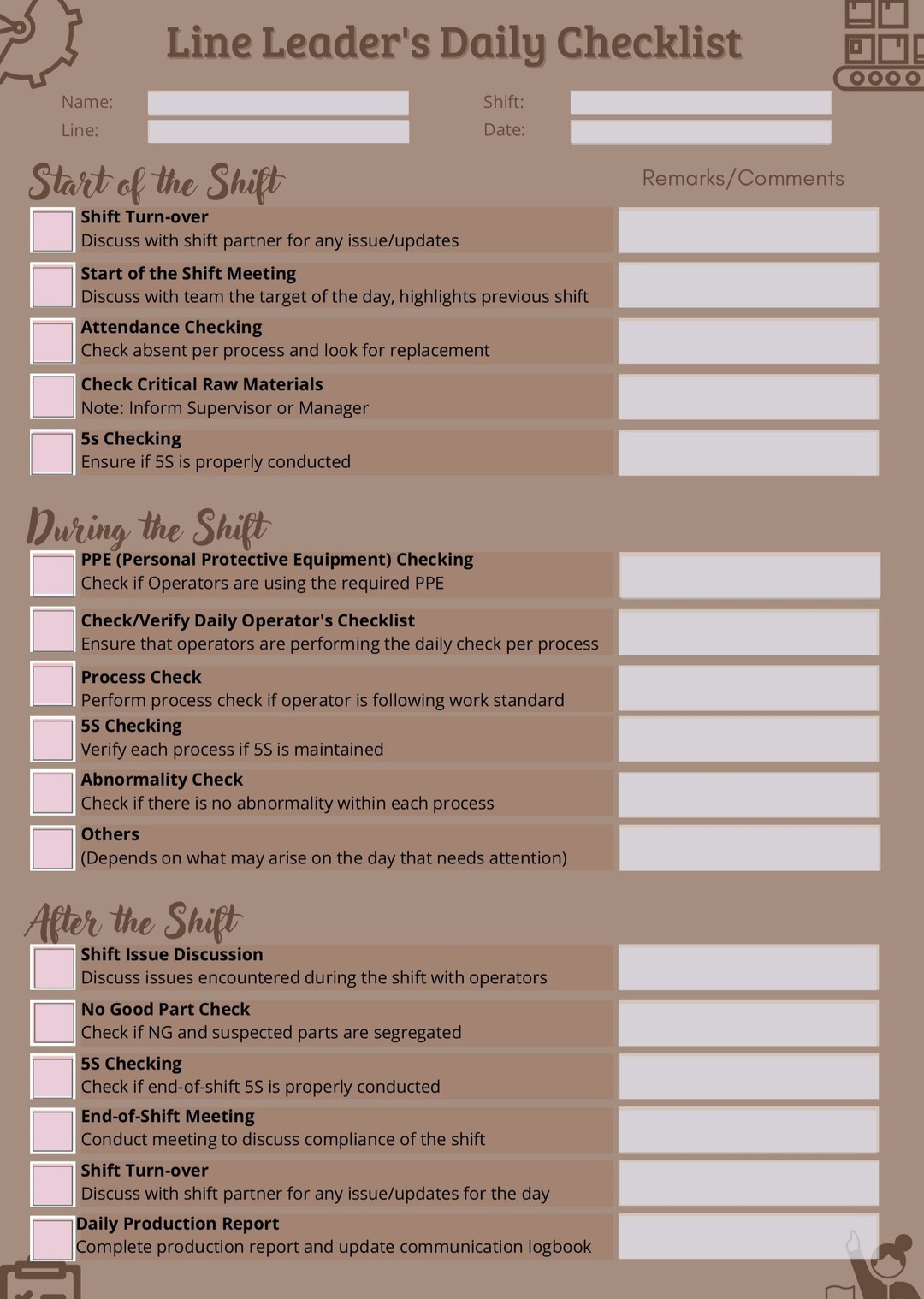 Fillable Line Leader Daily Checklist Manufacturing Production ISO ...