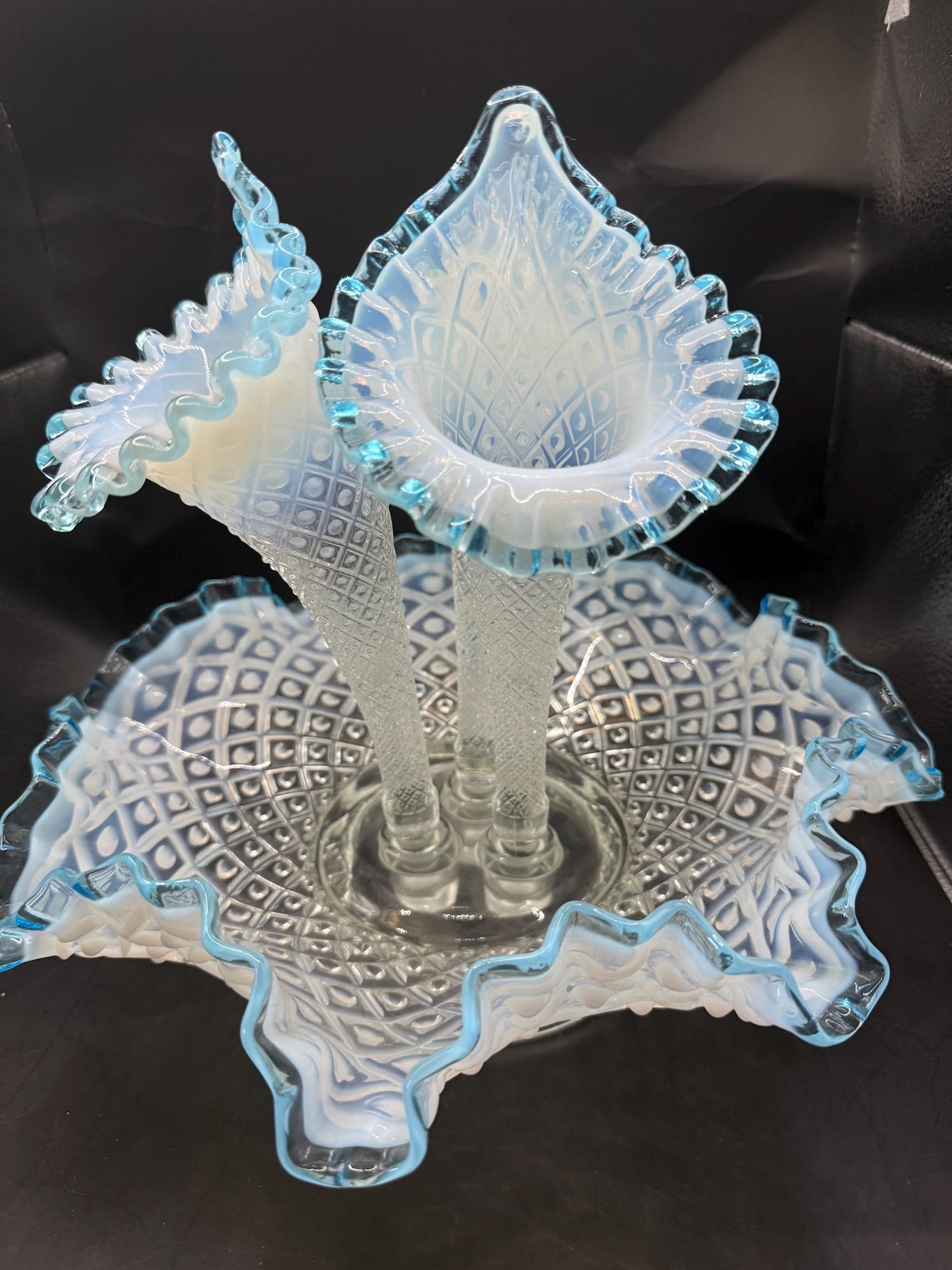 Fenton Diamond Lace Aqua Crest Opalescent 3 Horn Epergne Vase - Etsy