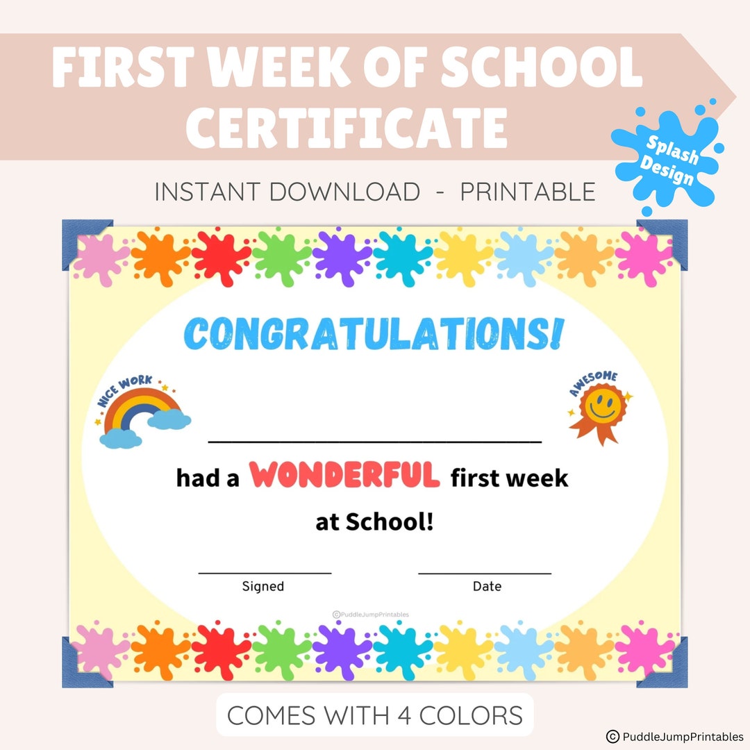 First Week of School Certificate, Printable Keepsake (digital Download ...