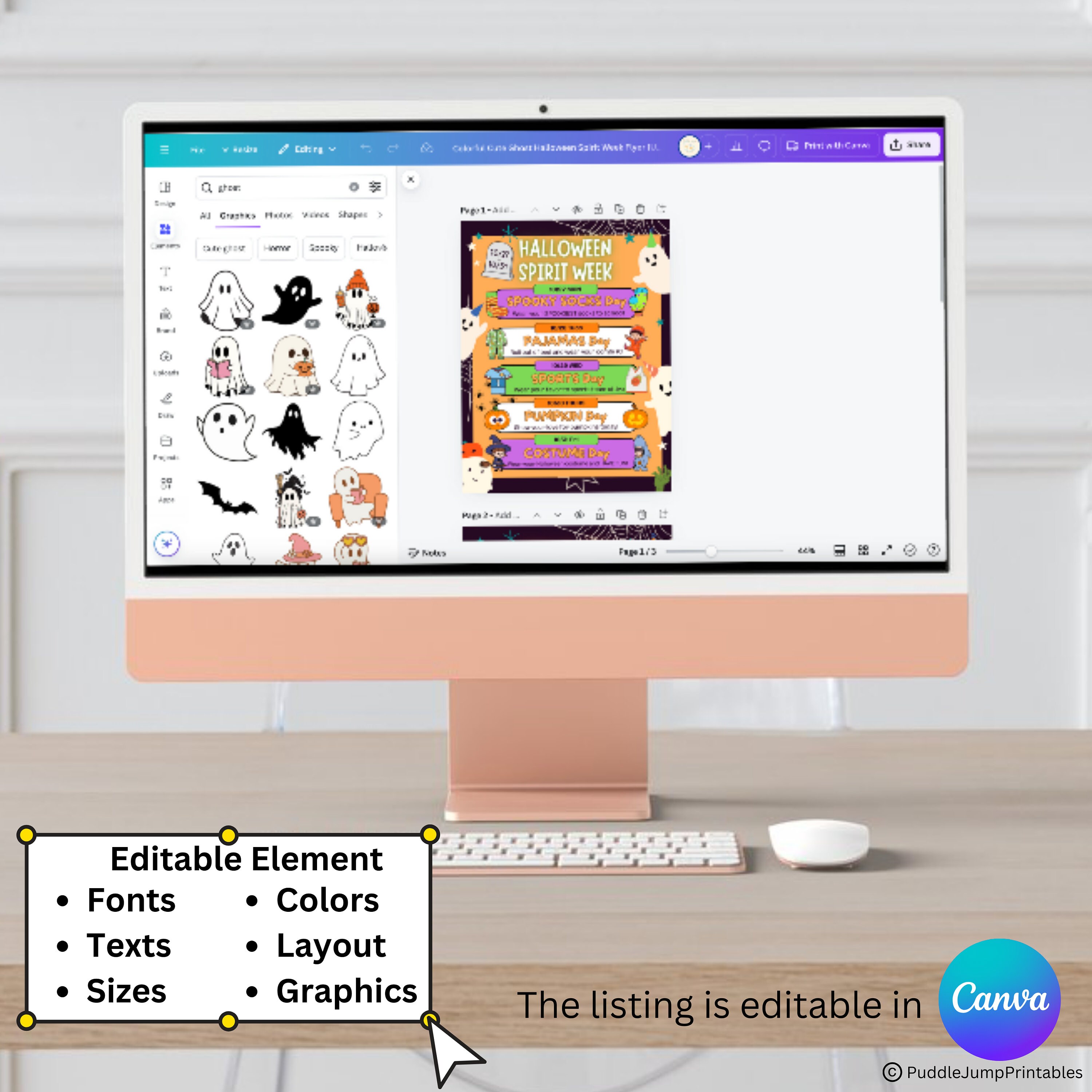 Editable Halloween Spirit Week Flyer Canva Template, Cute Ghost, School ...