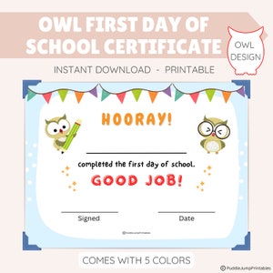 Printable First Day of School Certificate, Owl Design, Back to School ...