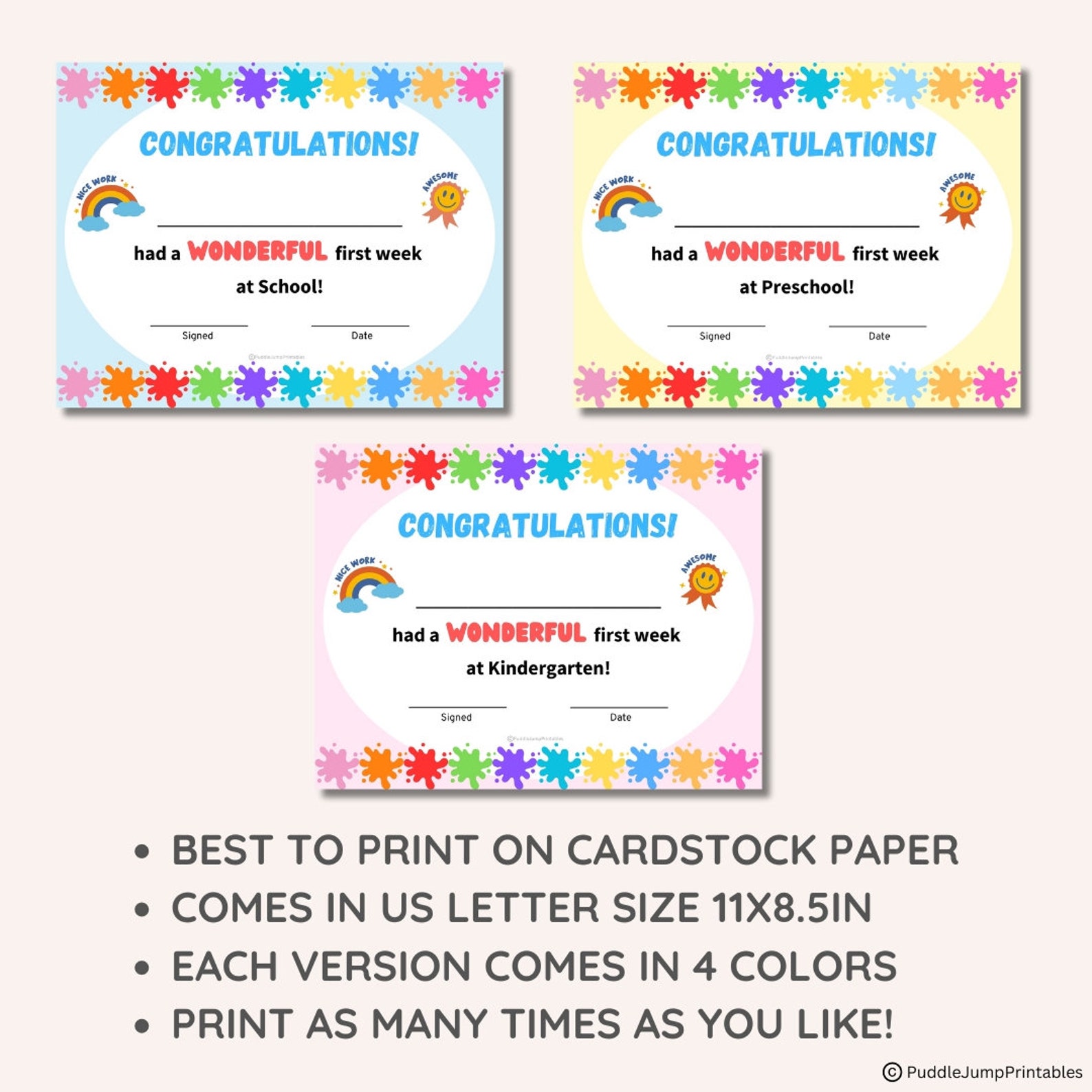 First Week of School Certificate, Printable Keepsake (digital Download ...