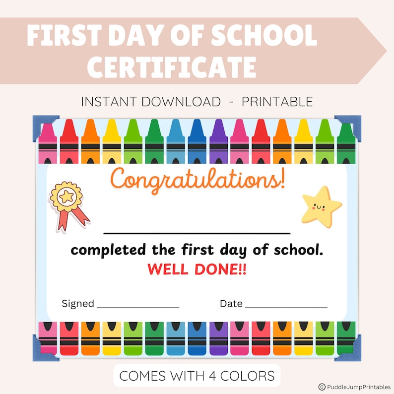 Printable First Day of School Certificate, Back to School Certificate ...