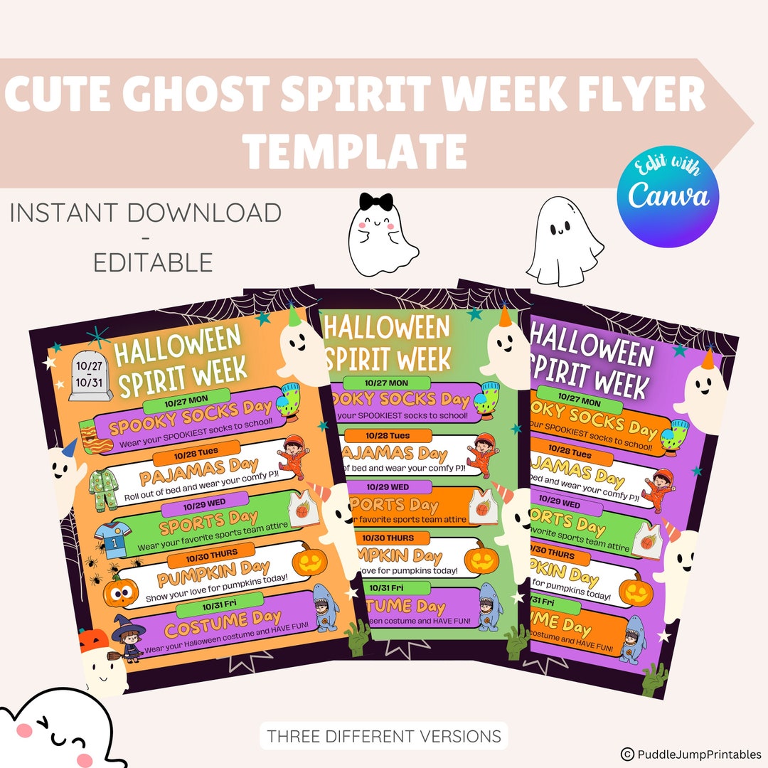 Editable Halloween Spirit Week Flyer Canva Template, Cute Ghost, School ...