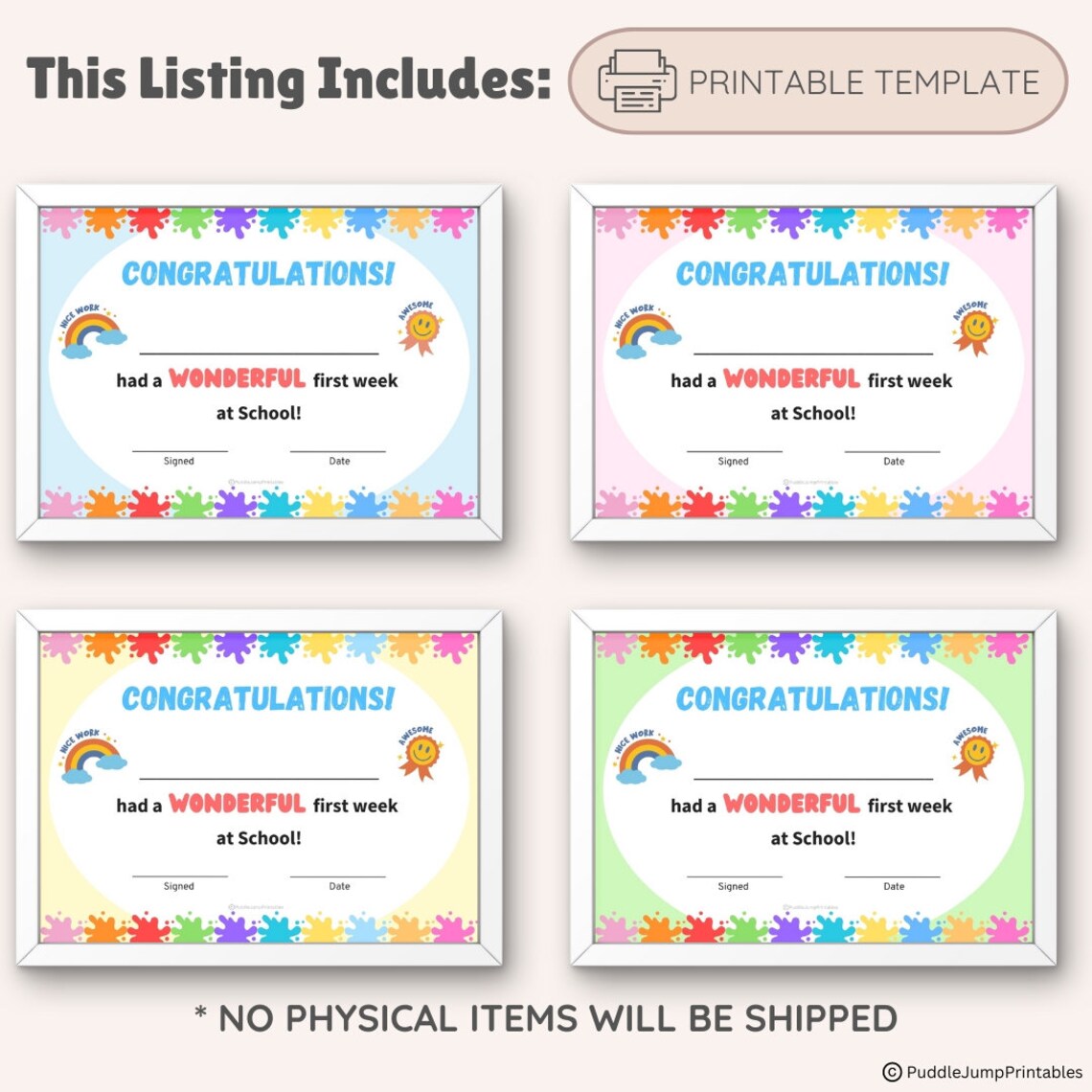 First Week of School Certificate, Printable Keepsake (digital Download ...