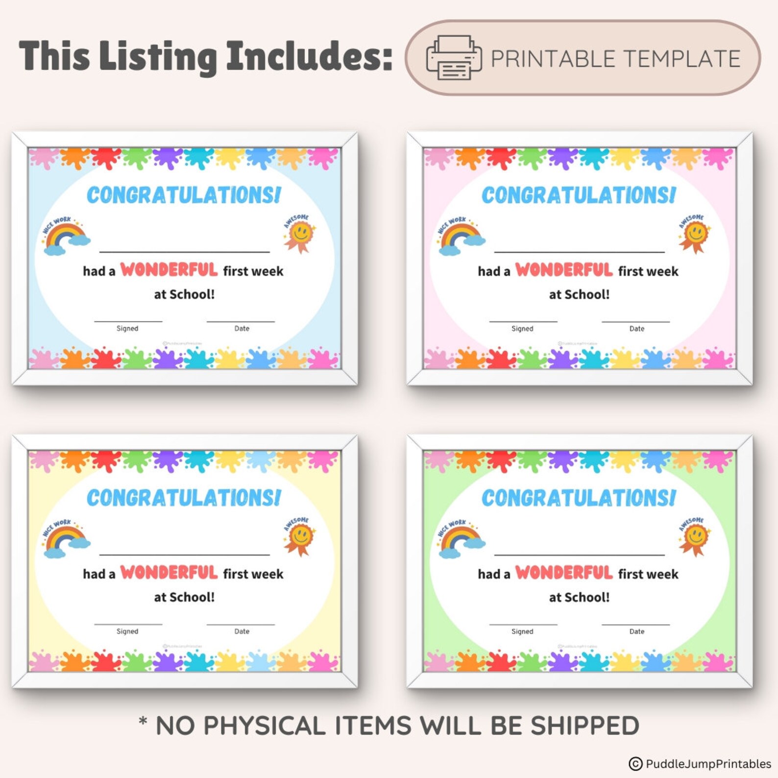 First Week of School Certificate, Printable Keepsake (digital Download ...