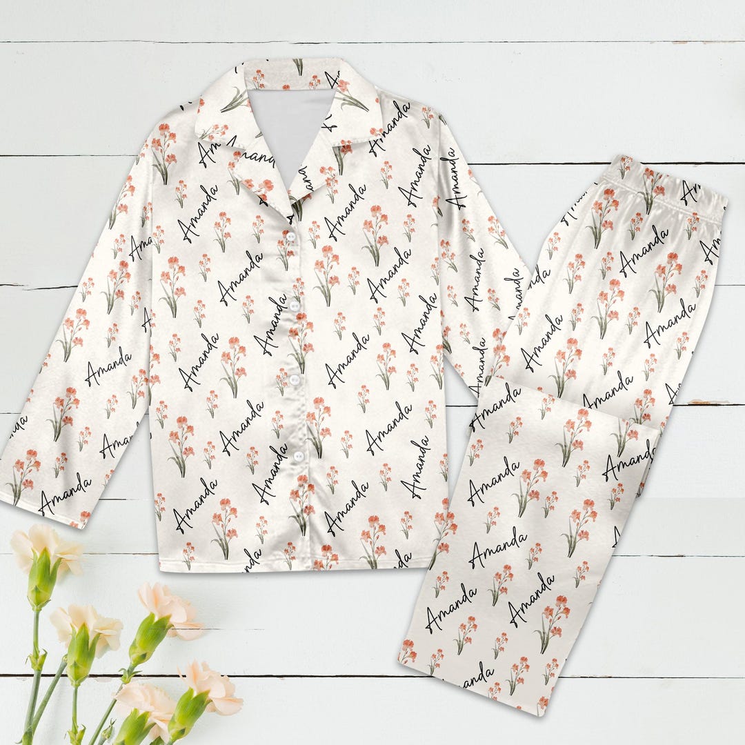 Personalized Pajamas Set, Custom Name Floral Sleepwear, Cute Satin ...