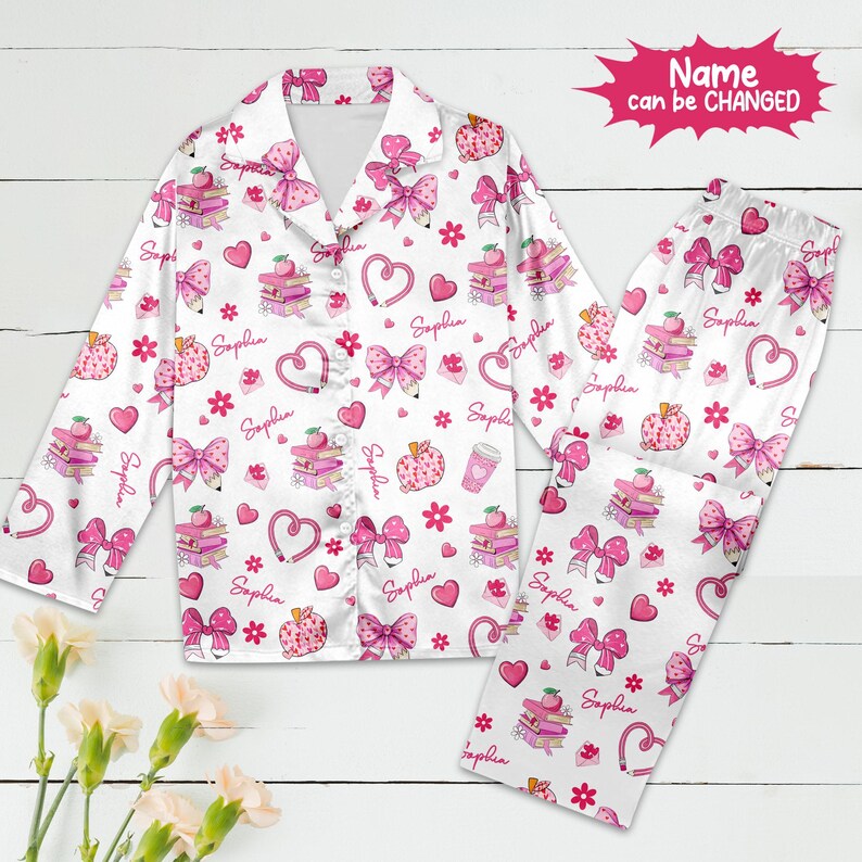 Personalized Pink Pencil Heart Pajamas, Customized School Theme Pajamas ...