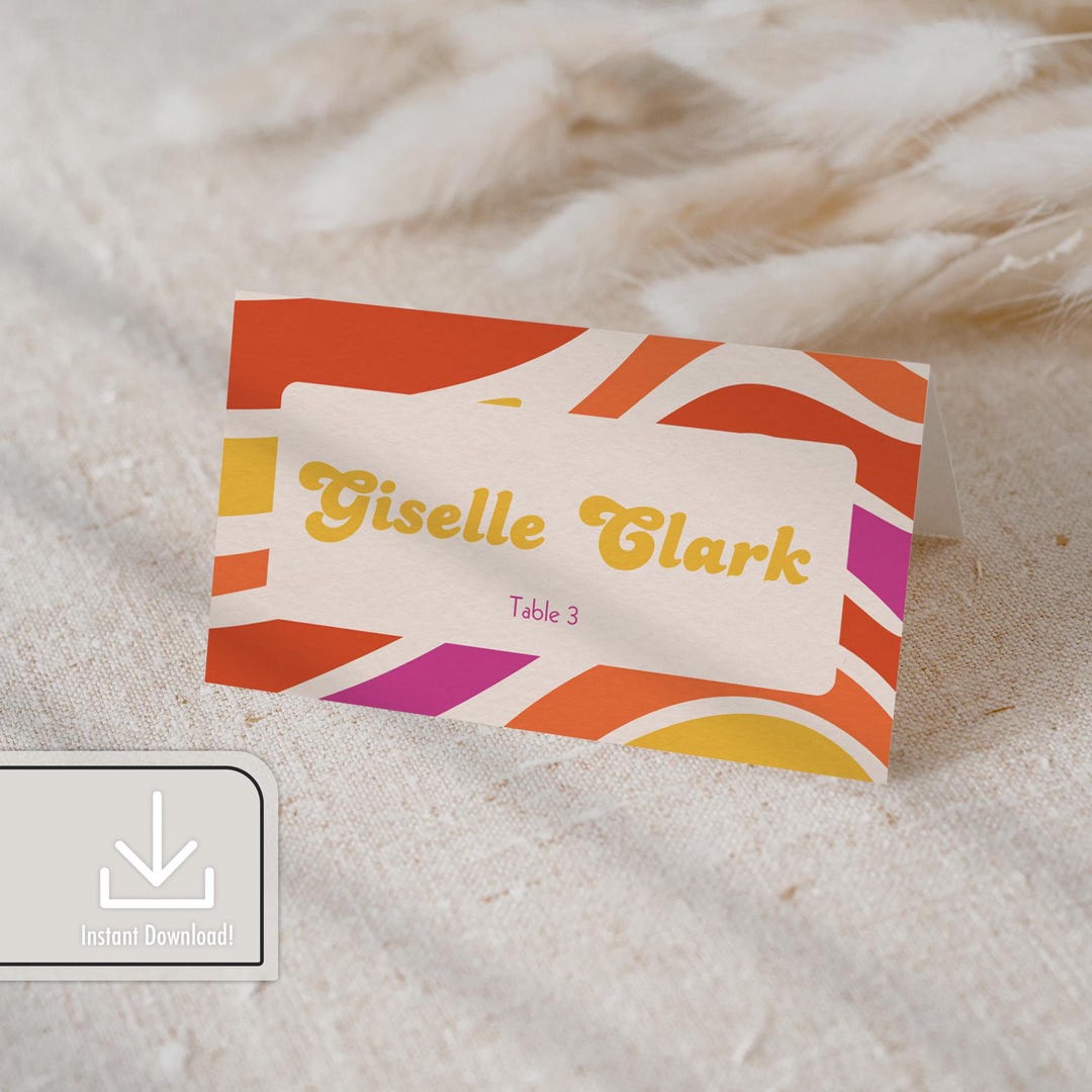 Editable Bold Retro Wedding Name Cards Template | Yellow, Orange, Pink ...