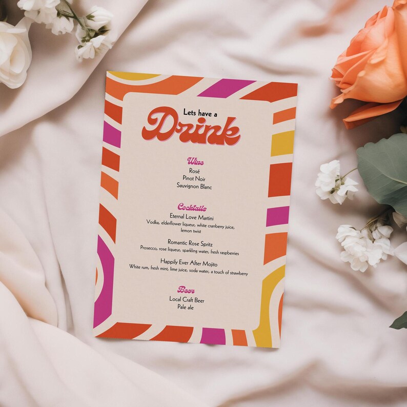 Editable Colorful Retro Wedding Menu Cards Template | Custom Orange ...