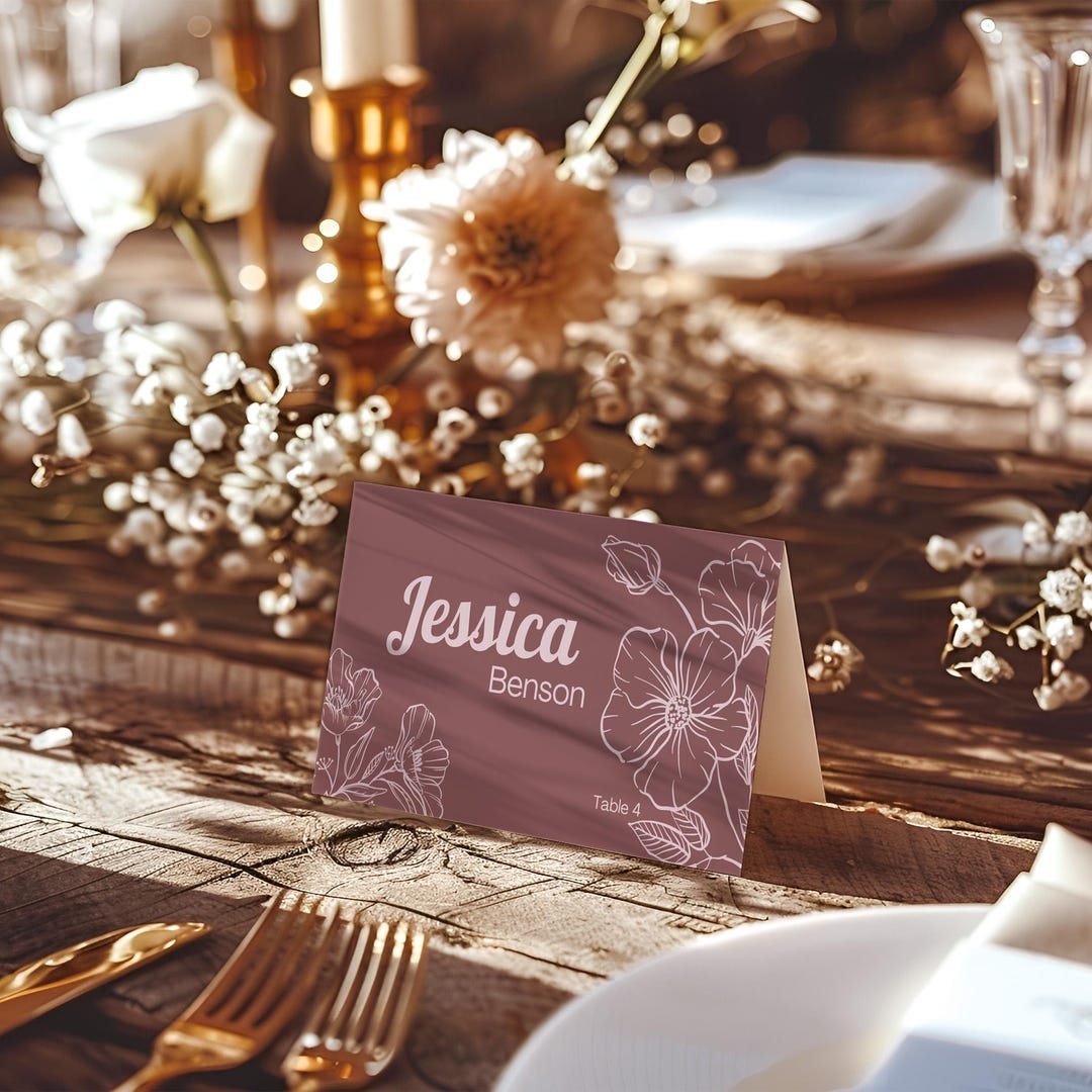 Editable Floral Wedding Name Cards Template | Custom Dusty Rose, Deep ...