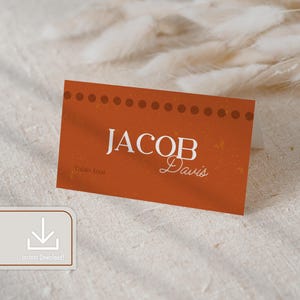 Editable Boho Wedding Name Cards Template | Custom Rustic Brown, Orange ...