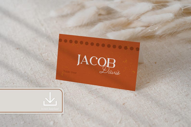 Editable Boho Wedding Name Cards Template | Custom Rustic Brown, Orange ...