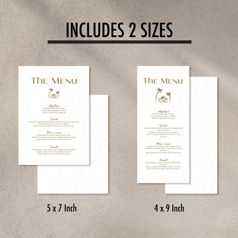 Editable Beach Wedding Menu Cards Template Rustic Brown Palm Tree ...