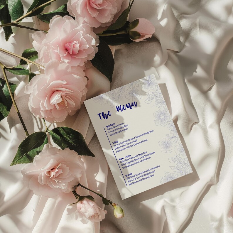 Editable Classy Wedding Menu Cards Template | Custom, Floral Navy Blue ...