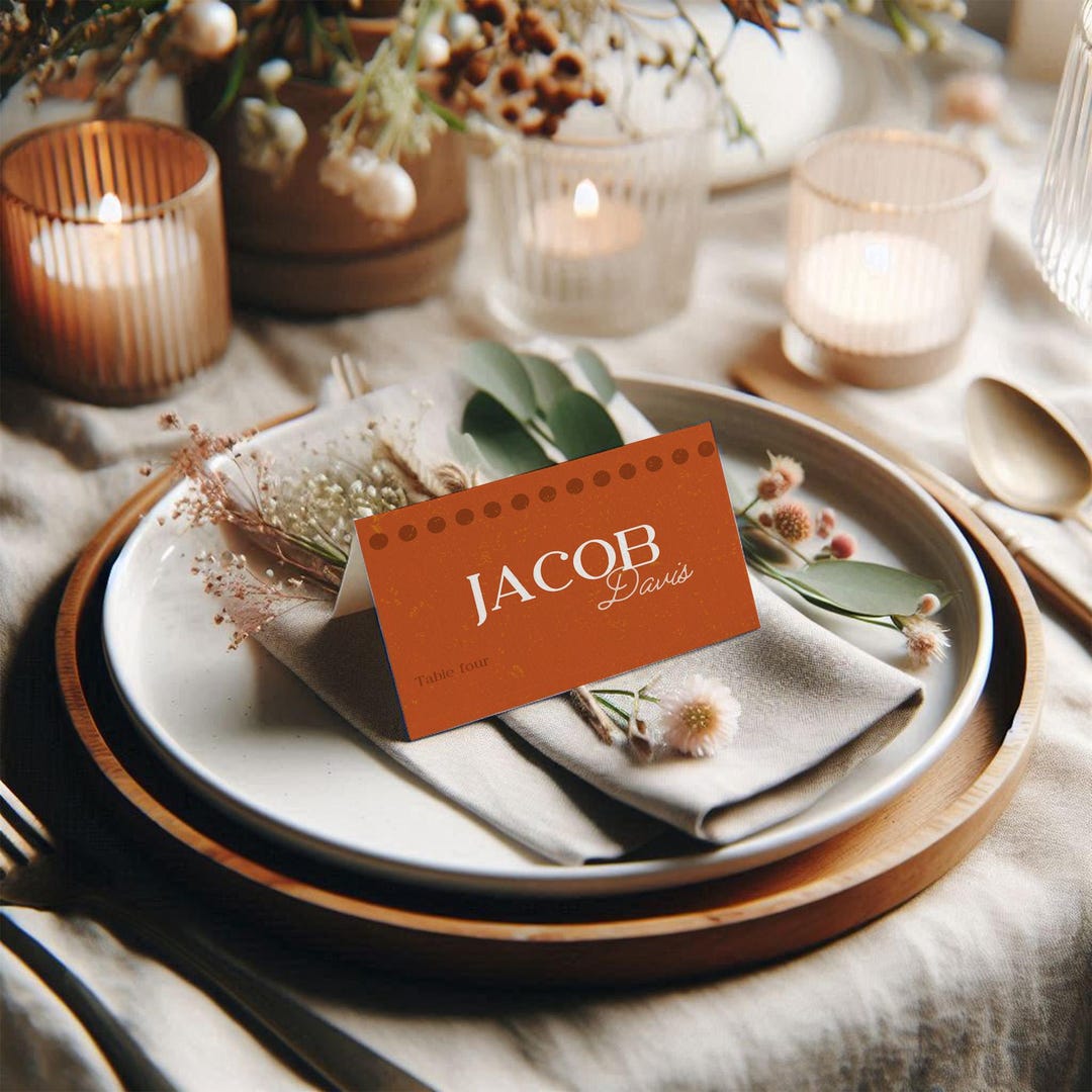 Editable Boho Wedding Name Cards Template | Custom Rustic Brown, Orange ...