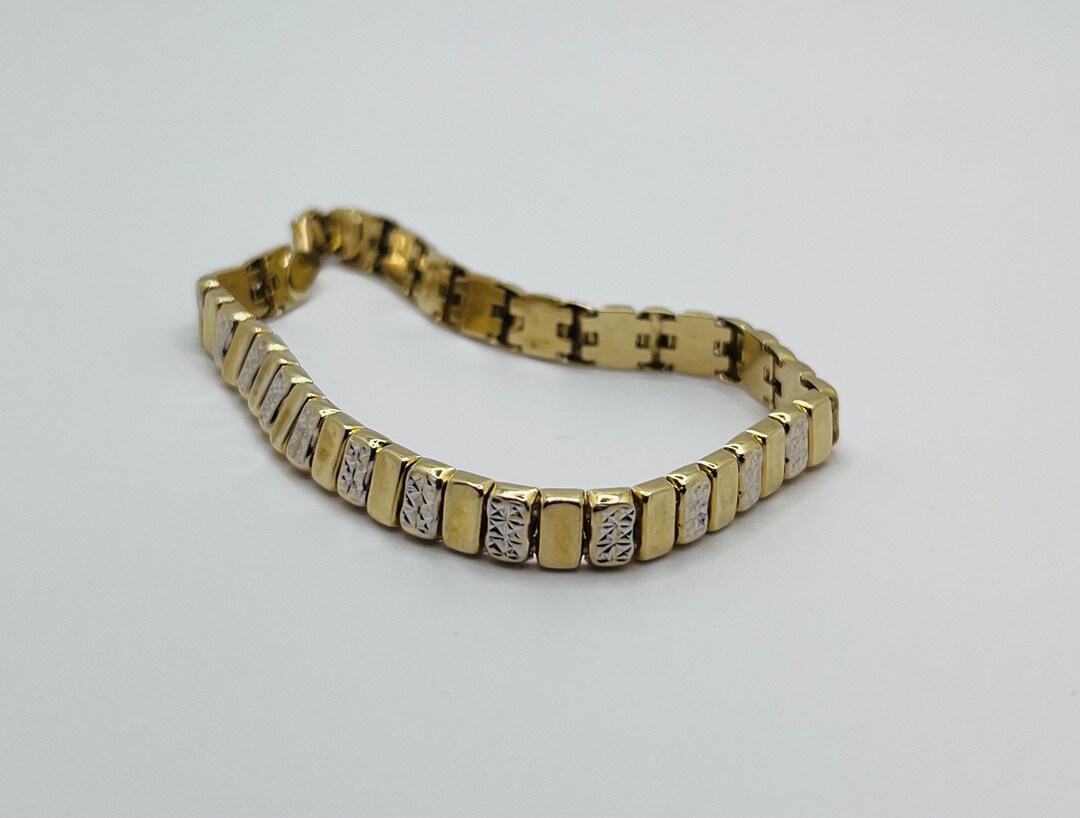 14k SLC Yellow White Gold Bracelet Two Tone Diamond Cut Panel Link - Etsy