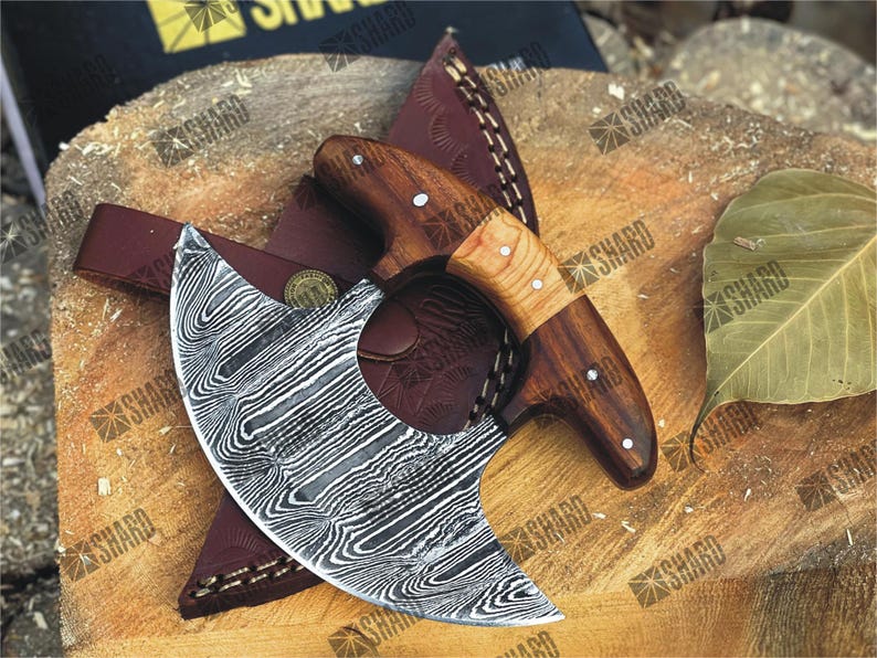 Handmade Damascus Steel Ulu Knife: Alaskan Rocker Chopper, Rosewood Handle - Etsy