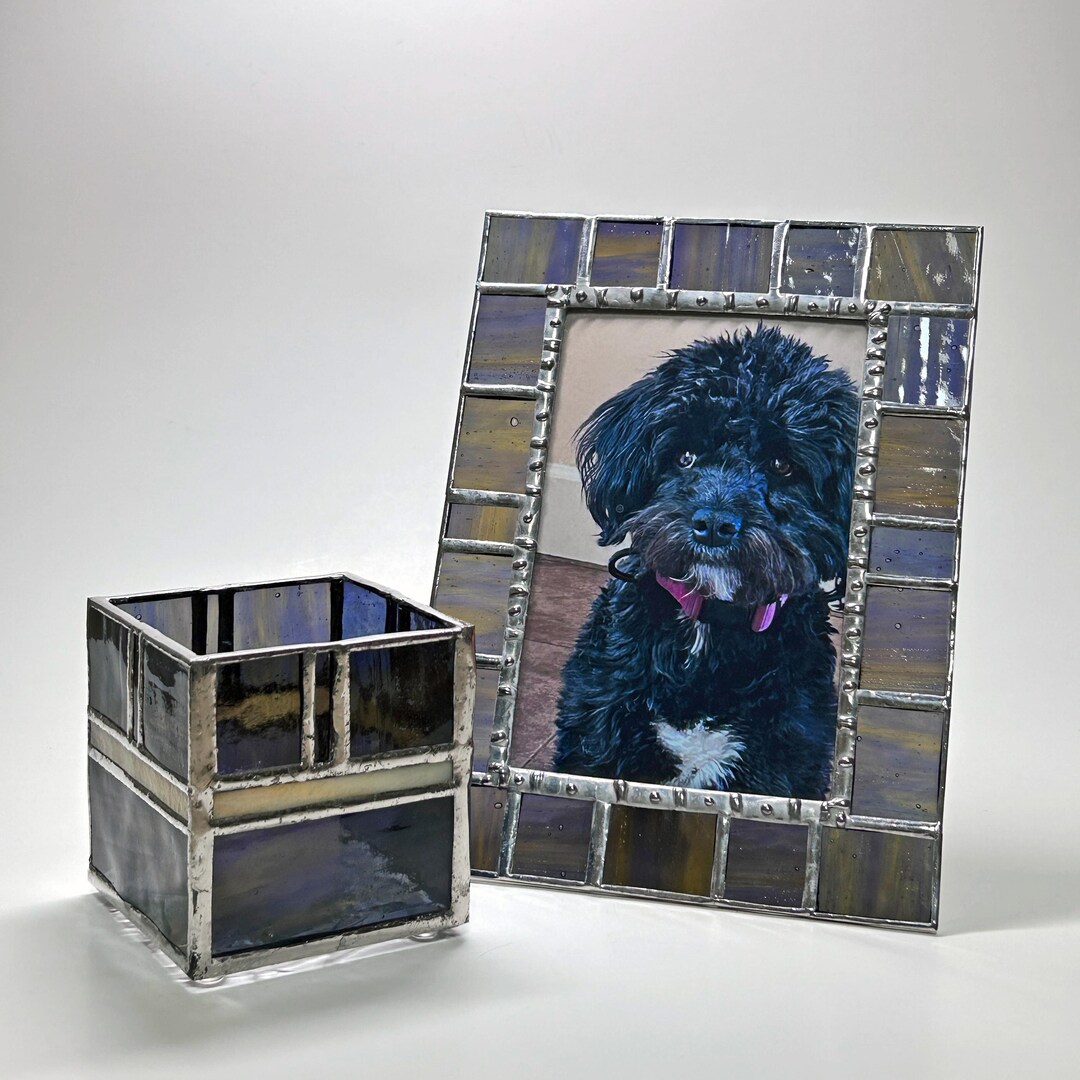 Matching Set of Stained Glass Picture Frame and Candle Holder in Purple ...