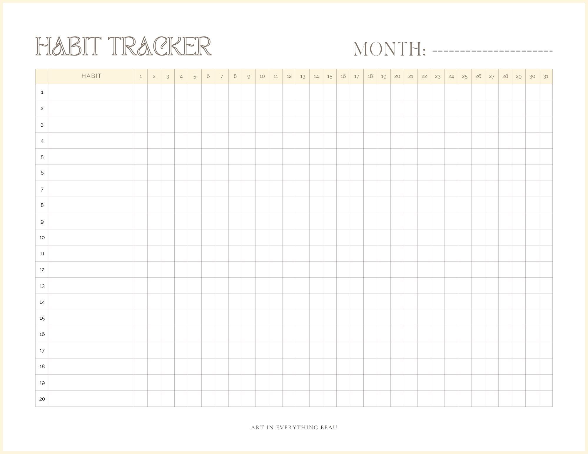 Monthly Habit Tracker, Printable Letter Size (digital Download) - Etsy