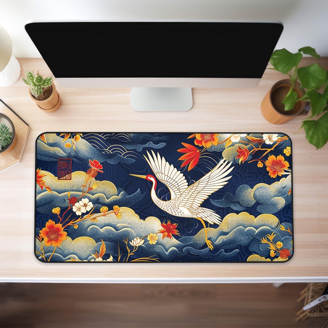 Japanese Desk Mat, Crane Bird HD Gaming Mousepad, Vintage Art Office ...