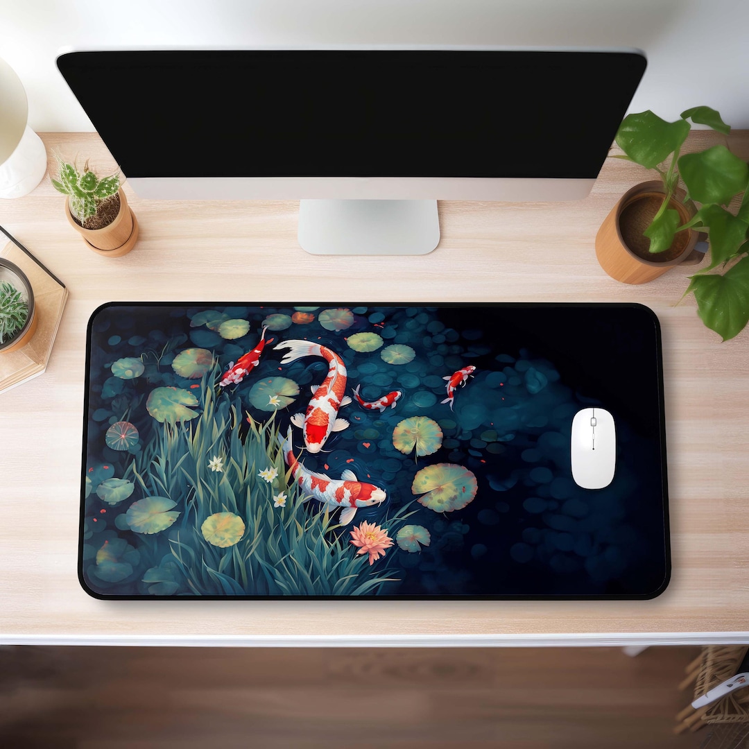 Koi Fish Pond Cottagecore Desk Mat, Water Lily Pads Lotus Anime Mouse ...