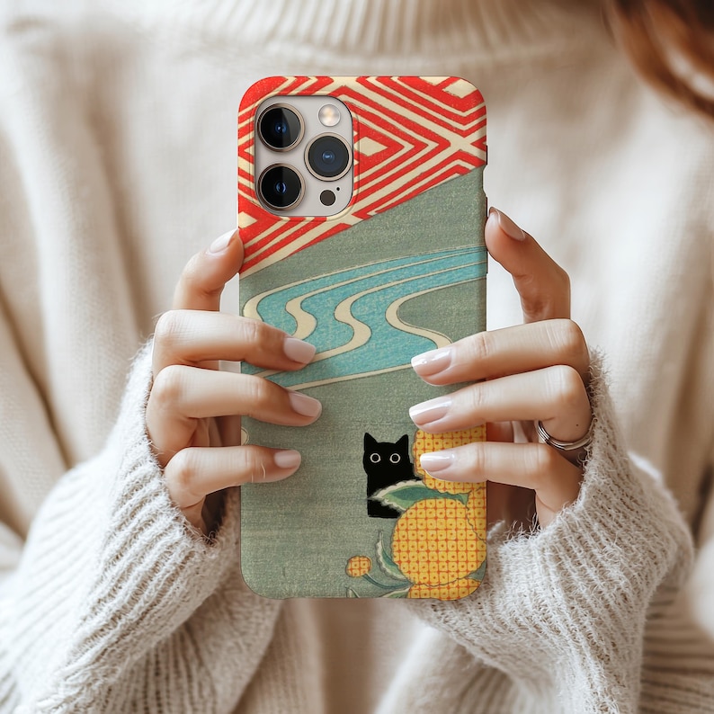 Kawaii Japanese Cat Phone Case, Retro Wabi Sabi Japan Art iPhone 17 16 ...