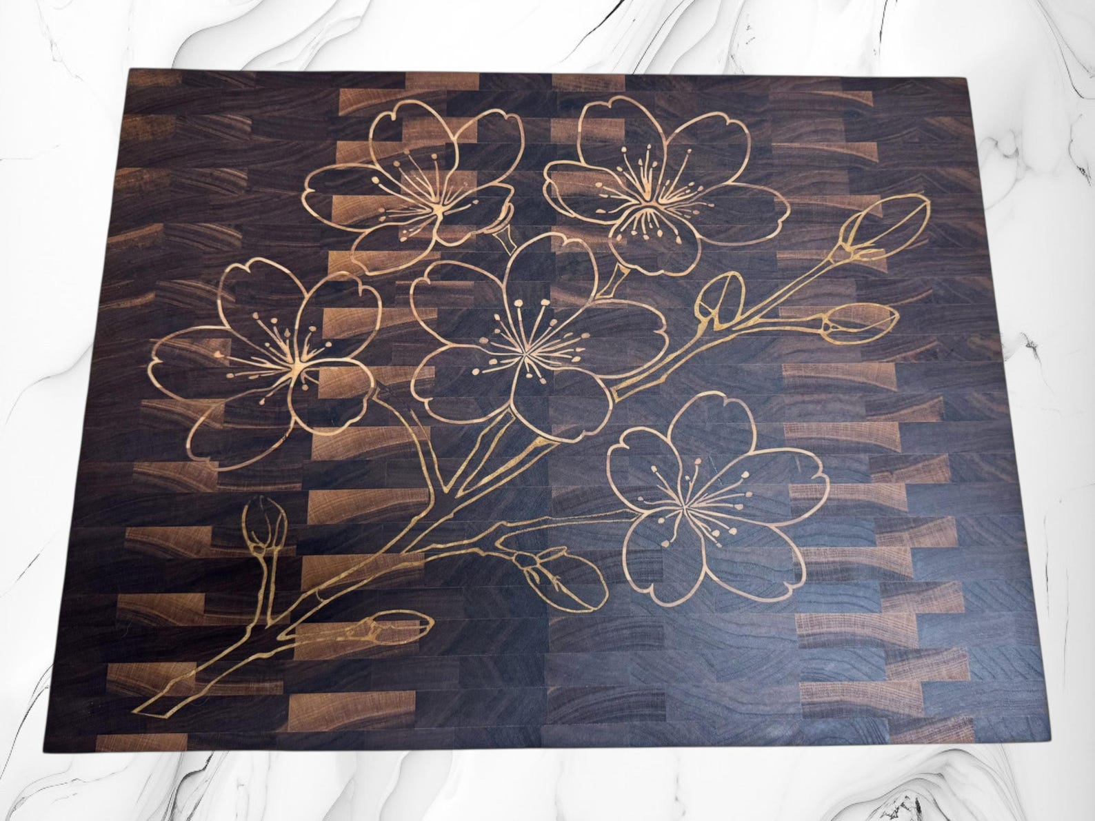 End Grain Walnut Charcuterie/cutting Board With Cherry Blossom Inlay - Etsy