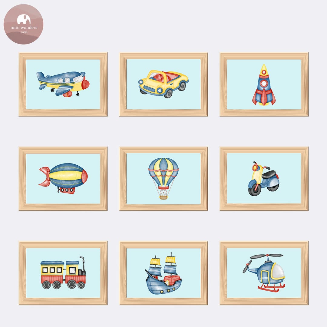 Transportation Wall Art Bundle for Kids Room - 9 Vehicle Prints ...