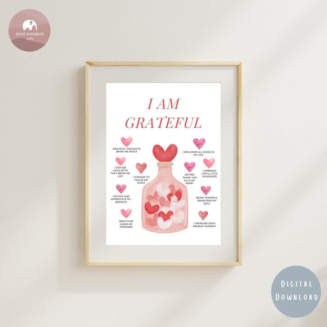 Gratitude Affirmation Poster – I Am Grateful Wall Art – Positive Quote ...