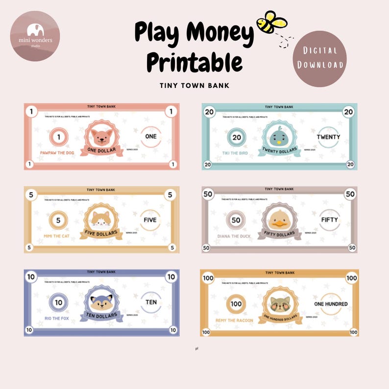 Printable Play Money for Kids – Educational Toy Bank Notes With Animals ...