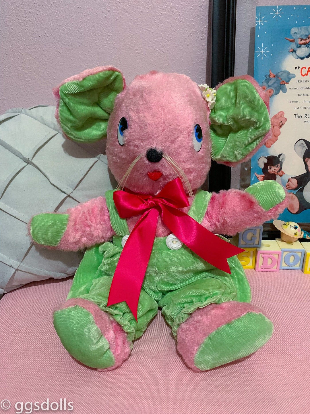 VTG Gund Plush Stuffed Animal Mouse Pink Green - Etsy