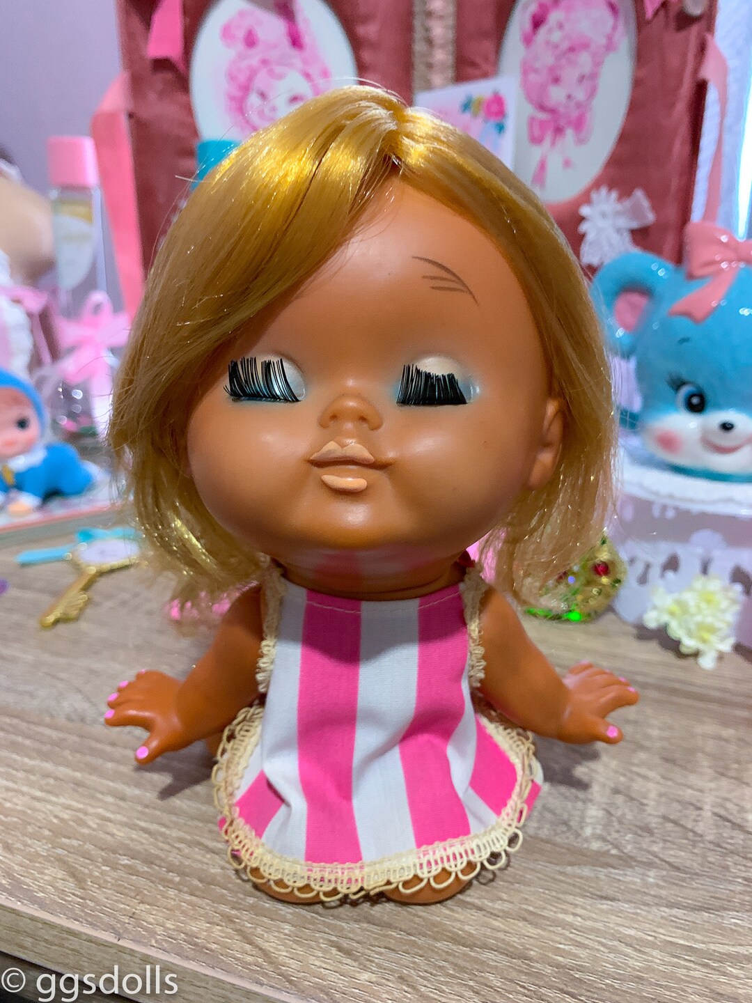 VTG Japan Sekiguchi Tan Poppo Chan Type Doll Sitting Pink Stripe Dress ...