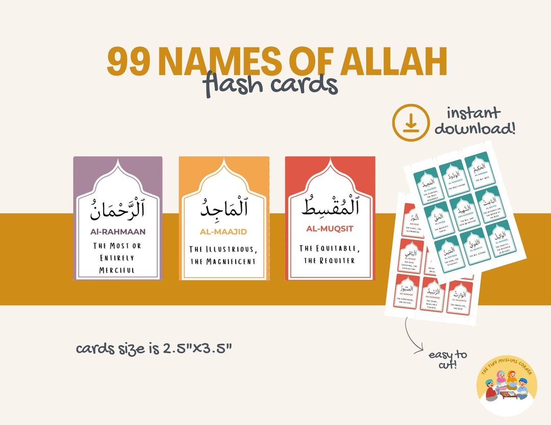 Names of Allah 99 Printable Flash Cards Kids and Adults, Fun, Islamic ...