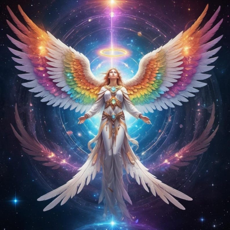 Cosmic Angel, Celestial Art, Rainbow Wings, Astral Guardian, Divine ...