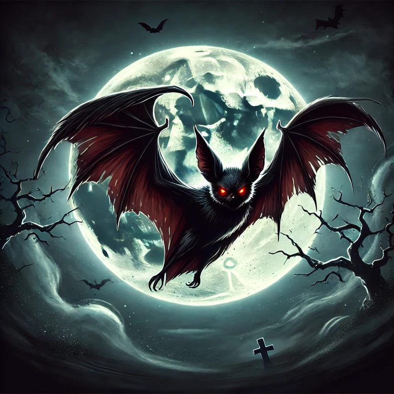 Dark Gothic Halloween Bat Flying in Front of Full Moon Art - Etsy