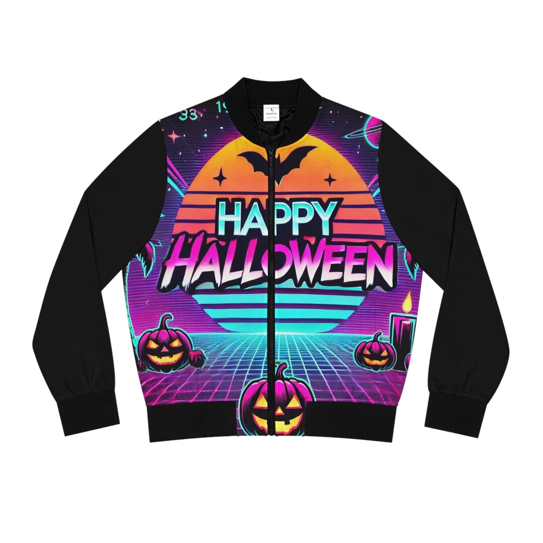 Retro Halloween Bomber Jacket 80s Synthwave Style With Pumpkins and ...