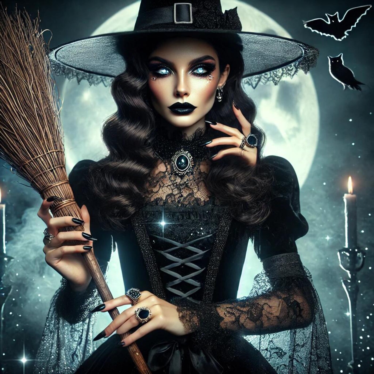 Gothic Witch With Broom and Glowing Eyes Halloween Decor - Etsy