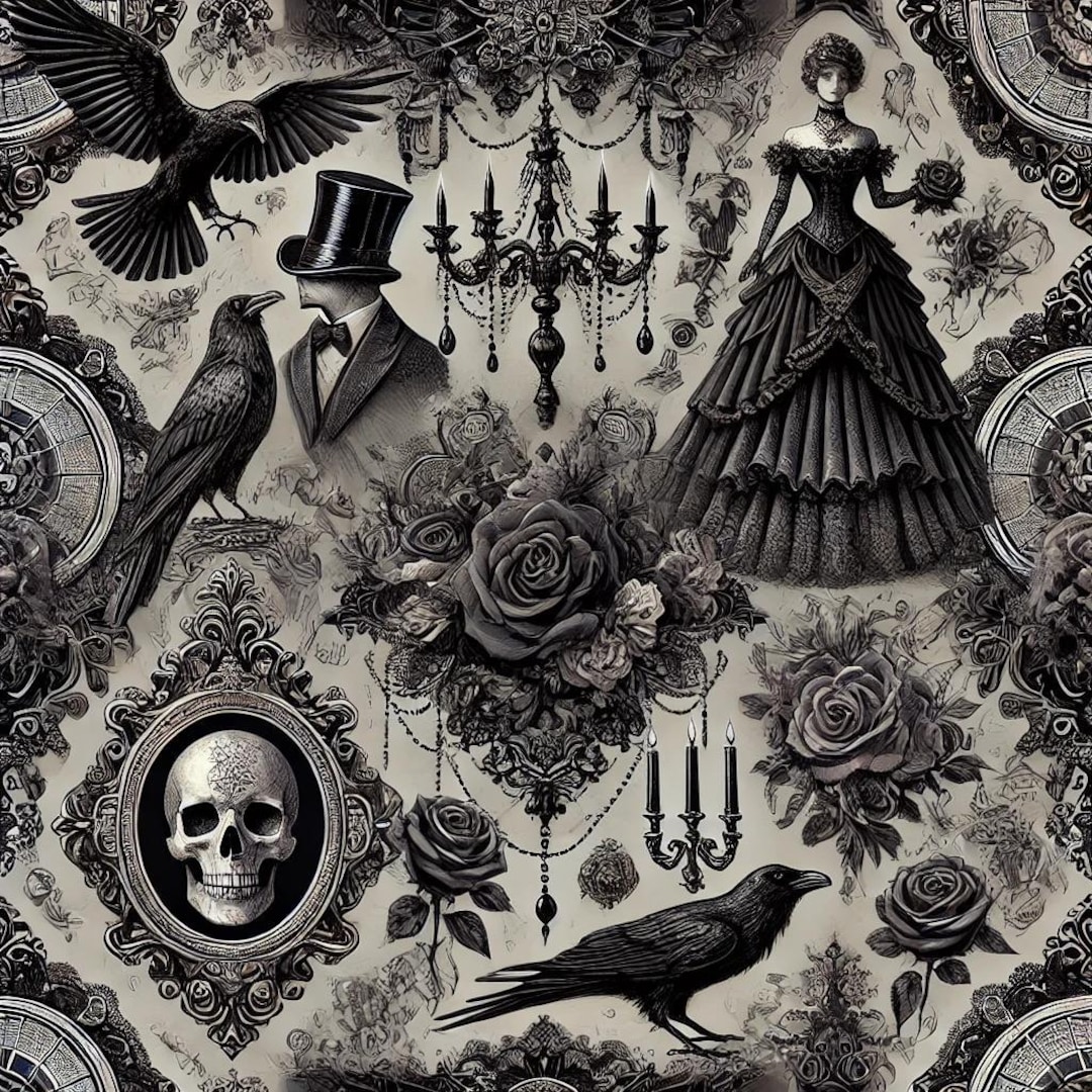 Victorian Goth Pattern Ravens Roses Digital Art Print Wall Art AI ...