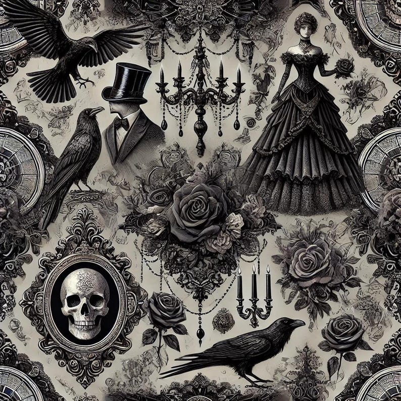 Victorian Goth Pattern Ravens Roses Digital Art Print Wall Art AI ...