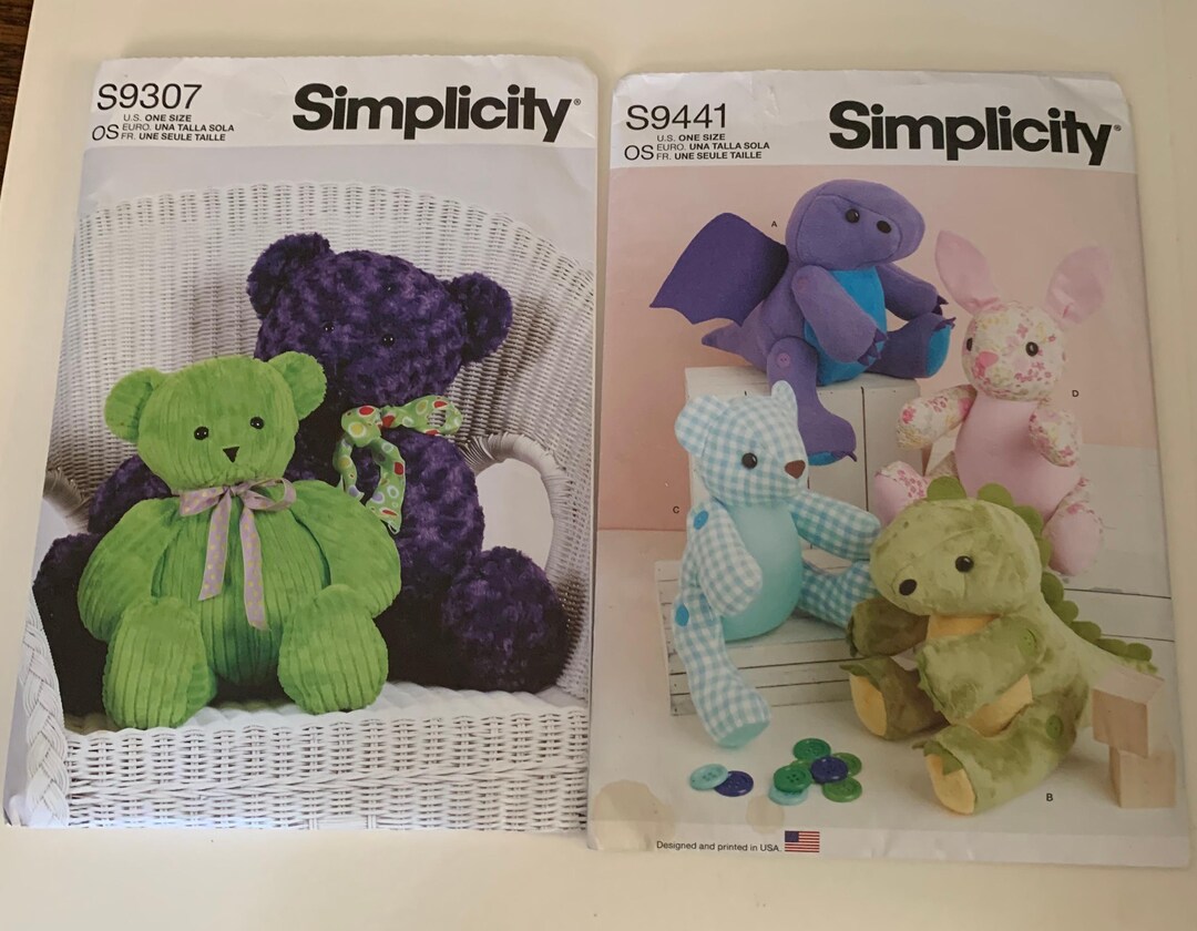 Two 2 Simplicity Stuffed Animal Patterns 9307 and 9441 UNCUT Bear Bunny ...